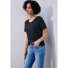 T-Shirt Street One "Style Gerda", Damen, Gr. 44, shadowed navy, Jersey, Obermaterial: 50% Baumwolle, 50% Modal, unifarben, regular fit normal, V-Ausschnitt, Shirts T-Shirt, mit femininem V-Ausschnitt