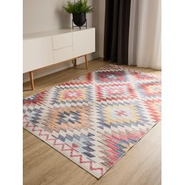 benuta Basic Waschbarer Kurzflor Teppich George Multicolor/Beige 140x200 cm - Bunter Teppich f&uuml;r Wohnzimmer