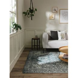 benuta Nest Flachgewebeteppich Frencie Blau 80x165 cm - Vintage-Stil Teppich im Used-Look