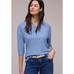 3/4-Arm-Shirt Street One, Damen, Gr. 42, bonnet blau, Jersey, Obermaterial: 50% Viskose, 47% Polyester, 3% Elasthan, unifarben, normal h&uuml;ftbedeckend, V-Ausschnitt, Shirts 3/4-Arm-Shirt, mit Polokragen und V-Ausschnitt