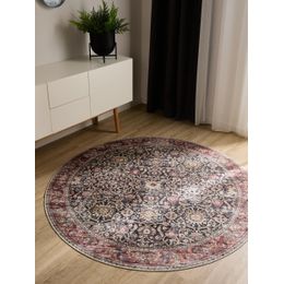 benuta Basic Waschbarer Teppich George Multicolor/Rot &oslash; 120 cm - Vintage-Stil Teppich im Used-Look