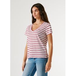 T-Shirt Pepe Jeans "MEGAN V-NECK STRIPED", Damen, Gr. S, antique wei&szlig;, Leinenmischung, Obermaterial: 50% Baumwolle, 50% Leinen, gestreift, gerade h&uuml;ftlang, V-Ausschnitt, Shirts T-Shirt, aus Leinenmischung mit Glitzergarn