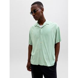Jack & Jones Kurzarmhemd JACK & JONES "JJEJEFF RESORT SOLID SHIRT SS SN", Herren, Gr. L, N-Gr, granite gr&uuml;n, Web, Obermaterial: 100% Viskose, unifarben, loose fit normal, V-Ausschnitt, Hemden, Viskose, loose fit