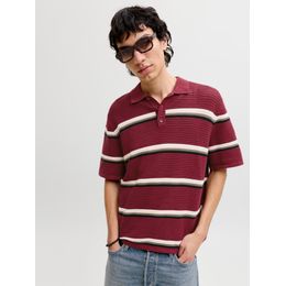 Jack & Jones Polokragenpullover JACK & JONES "JORMAINE KNIT STRIPE POLO SN", Damen, Gr. M, cabernet, Strick, Obermaterial: 100% Baumwolle, gestreift, relaxed fit normal, Rundhals, Pullover, Baumwolle, relaxed fit