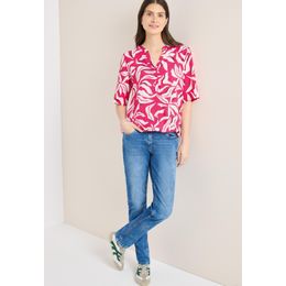 Kurzarmbluse Cecil, Damen, Gr. M (40), beetroot pink, Stoff, 100% Viskose, gemustert, klassisch normal, Rundhals, normaler Saum, Blusen, mit geschlitztem Rundhalsausschnitt mit B&auml;ndchen