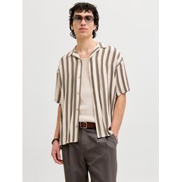 Jack & Jones Kurzarmhemd JACK & JONES "JJEJEFF RESORT STRIPE SHIRT S/S SN", Herren, Gr. S, N-Gr, moonbeam, Web, Obermaterial: 100% Viskose, gestreift, normal, V-Ausschnitt, Hemden, Viskose, loose fit