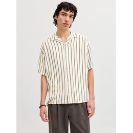 Jack & Jones Kurzarmhemd JACK & JONES "JJEJEFF RESORT STRIPE SHIRT S/S SN", Herren, Gr. XL, N-Gr, dusty olive, Web, Obermaterial: 100% Viskose, gestreift, normal, V-Ausschnitt, Hemden, Viskose, loose fit