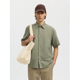 Langarmhemd Selected "SLHREGCLAY LINENBLEND SS SHIRT CLA NOOS", Herren, Gr. XL, N-Gr, vetiver, Web, Obermaterial: 55% Leinen, 45% Baumwolle, unifarben, regular fit, Hemden