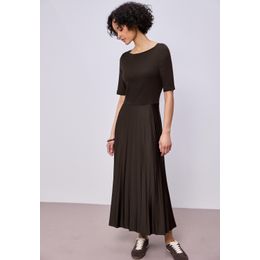 Midikleid Street One, Damen, Gr. 34, EURO-Gr&ouml;&szlig;en, espresso braun, Web, Obermaterial: 48% Baumwolle, 47% Modal, 5% Elasthan; Obermaterial 2: 95% Polyester, 5% Elasthan, unifarben, normal Midi, U-Boot-Ausschnitt, abgesteppt, Kleider Midikleid, mit plissiertem Rockteil
