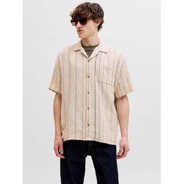 Jack & Jones Kurzarmhemd JACK & JONES "JJEBRADLEY STRIPED RESORT SHIRT SS LN", Herren, Gr. L, N-Gr, moonbeam, Web, Obermaterial: 100% Baumwolle, gestreift, loose fit normal, V-Ausschnitt, Hemden, Baumwolle, loose fit