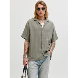 Jack & Jones Kurzarmhemd JACK & JONES "JJELIAM RESORT SHIRT SS SN", Herren, Gr. L, N-Gr, vetiver, Web, Obermaterial: 100% Baumwolle, gestreift, loose fit normal, V-Ausschnitt, Hemden, Baumwolle, loose fit