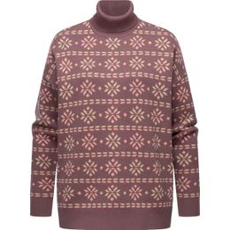 Stehkragenpullover Ragwear "Danika Organic", Damen, Gr. M (38), rot (weinrot), Material: 100% Baumwolle, l&auml;ssig geschnitten h&uuml;ftlang, hoch geschlossener Ausschnitt, verstellbar Rippb&uuml;ndchen krempelbar, Pullover Stehkragenpullover, Damen Pullover mit winterlichem Muster-Print