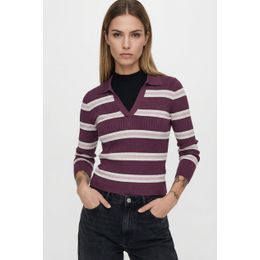 Polokragenpullover Only "ONLKAYA LIFE LS STRIPE POLO NOOS KNT", Damen, Gr. XS, grape wine stripes:cloud dancer, pale lila, Strick, Obermaterial: 70% Viskose, 30% Nylon, gestreift, regular fit normal, V-Ausschnitt, Pullover