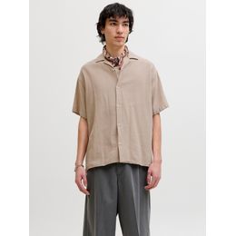 Jack & Jones Kurzarmhemd JACK & JONES "JJELIAM RESORT SHIRT SS SN", Herren, Gr. M, N-Gr, string, Web, Obermaterial: 100% Baumwolle, gestreift, loose fit normal, V-Ausschnitt, Hemden, Baumwolle, loose fit