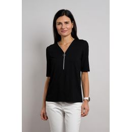 V-Shirt Seidel Moden, Damen, Gr. 44, schwarz, Jersey, Obermaterial: 94% Viskose, 6% Elasthan, unifarben mit Farbeinsatz, tailliert h&uuml;ftbedeckend, tiefer V-Ausschnitt, kontrastfarben, Shirts, mit Rei&szlig;verschluss am Kragen - MADE IN GERMANY