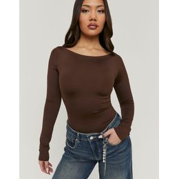Langarmbody Tally Weijl "SBOPABOTIC", Damen, Gr. L, N-Gr, rocky road, Jersey, Obermaterial: 93% Polyamid, 7% Elasthan, figurbetont, Rundhals, Bodys, Materialmix, figurbetont
