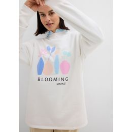 Sweatshirt bonprix, Damen, Gr. 52/54 (XXL), wollwei&szlig; bedruckt, Sweatware, Obermaterial: 60% Baumwolle, 40% Polyester, bedruckt, unifarben, oversize Po-bedeckend, Rundhals, Rippb&uuml;ndchen, Sweatshirts Sweatshirt, mit Langarm, mit Blumen-Druck, mit Seitenschlitzen