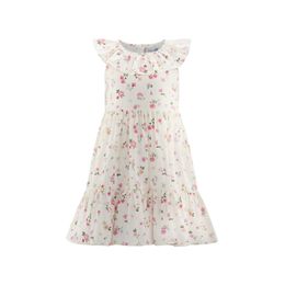 Sommerkleid happy girls, M&auml;dchen, Gr. 128, N-Gr, ecru, Web, Obermaterial: 100% Baumwolle. Futter: 100% Baumwolle, bedruckt, gebl&uuml;mt, Basic knieumspielend, Rundhals, Kleider Sommerkleid, mit tollen Volants und mit Knopfleiste im R&uuml;cken