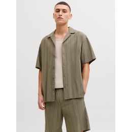 Jack & Jones Kurzarmhemd JACK & JONES "JJETYSON RESORT SHIRT SS SN", Herren, Gr. S, N-Gr, vetiver, Web, Obermaterial: 100% Baumwolle, unifarben, normal, V-Ausschnitt, Hemden, mit Resort-Kragen