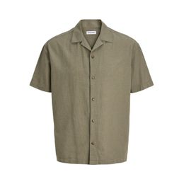 Jack & Jones Kurzarmhemd JACK & JONES "JJESUMMER LINEN BLEND RESORT SHIRT SS SN", Herren, Gr. L, N-Gr, dusty olive, Web, Obermaterial: 70% Baumwolle, 30% Leinen, unifarben, relaxed fit normal, V-Ausschnitt, Hemden, Baumwollmischung, relaxed fit