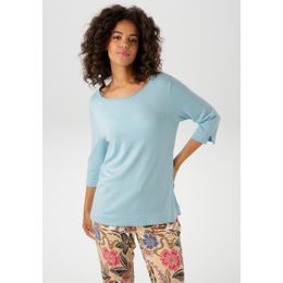 Strickpullover Aniston CASUAL, Damen, Gr. 42, blau (hellblau), Feinstrick, Obermaterial: 80% Viskose, 20% Nylon, unifarben, figurumspielend h&uuml;ftlang, Rundhals, B&uuml;ndchen mit Schlitz, Pullover Strickpullover, mit kleinem Schlitz an den 3/4-langen &Auml;rmeln