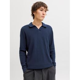 Jack & Jones Polokragenpullover JACK & JONES "JPRBLURILEY KNIT SPLIT NECK LS SN", Herren, Gr. M, sky captain, Strick, Obermaterial: 100% Baumwolle, unifarben, normal, V-Ausschnitt, Pullover