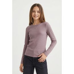 Langarmshirt name it "NKFNAKAL LS TOP NOOS", M&auml;dchen, Gr. 134/140, lila (elderberry), Jersey, Obermaterial: 95% Baumwolle, 5% Elasthan, unifarben, normal h&uuml;ftlang, Rundhals, abgesteppte Kante, Shirts Langarmshirt, in Basic-Form und leicht gerippter Qualit&auml;t