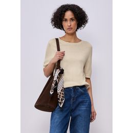Kurzarmpullover Street One, Damen, Gr. 46, smoke beige meliert, Strick, Obermaterial: 60% Viskose, 40% Baumwolle, normal h&uuml;ftbedeckend, Rundhals, B&uuml;ndchen, Pullover, in Strick-Optik und mit Rundhals