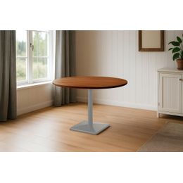 Bistrotisch rund mit Schweizer Kante Akazienholz nussbaum massiv 110 cm S&auml;ulengestell silber BRASILIA