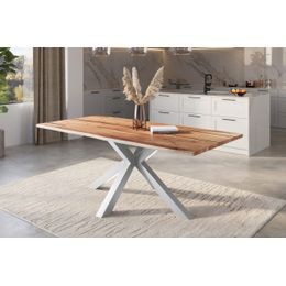 Baumkantentisch Akazie natur mit schwarzen Resin-Adern 220 x 100 cm Spider-Gestell silber POLLY