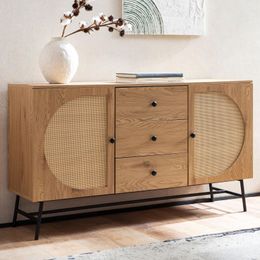 FineBuy Sideboard in Eiche Dekor 140 cm Kommode mit 2 T&uuml;ren & 3 Schubladen aus Wiener Rattan Geflecht Design