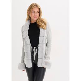 bonprix Strickjacke mit abnehmbarem Fellimitat, grau, Gr.48/50 (XL), Stylische Strickjacke mit toller Passform, 50% Baumwolle