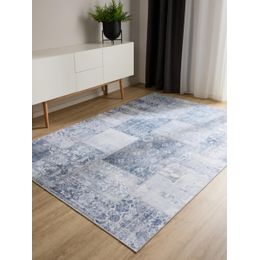 benuta Basic Waschbarer Teppich George Blau 80x150 cm - Vintage-Stil Teppich im Used-Look