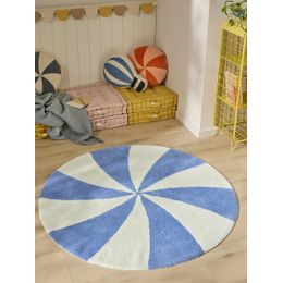 Lytte Waschbarer Kinderteppich Cecilia Blau/Wei&szlig; &oslash; 120 cm - Waschbarer Teppich f&uuml;r Kinderzimmer