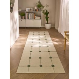 benuta Pure Wollteppich L&auml;ufer f&uuml;r Flur Grady Cream/Gr&uuml;n 80x250 cm - Naturfaserteppich aus Wolle