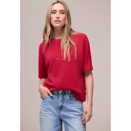 Sweatshirt Street One, Damen, Gr. 46, salsa rot, Sweatware, Obermaterial: 46% Modal, 46% Polyester, 8% Elasthan, unifarben, l&auml;ssig geschnitten h&uuml;ftbedeckend, Rundhals, abgerundeter Saum, Sweatshirts Sweatshirt, Halbarm Silk-Look Shirt mit Kordelzug