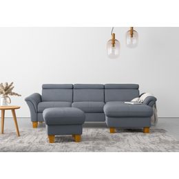 Ecksofa Home Affaire "Lindgren L-Form", blau (hellblau), B:258cm H:84cm T:169cm, 100% Polyester, Sofas, Ecksofa, wahlweise mit Bett mit klappbaren Rollen, Kasten und Kopfverstellung