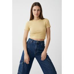 Kurzarmshirt Only "ONLBETTY S/S O-NECK SHORT TOP CC JRS", Damen, Gr. L, sunlight, Jersey, Obermaterial: 95% Baumwolle, 5% Elasthan, unifarben, regular fit bauchfrei, Rundhals, Shirts Kurzarmshirt, softe Jerseyqualit&auml;t