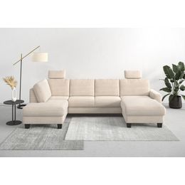 Wohnlandschaft Home Affaire "Summer U-Form", beige (creme), B:314cm H:91cm T:170cm, 100% Polyester, Sofas, Wohnlandschaft, mit oder ohne Bettfunktion und Bettkasten, wengefarbene Holzf&uuml;&szlig;e