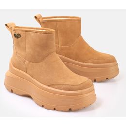 Winterboots Buffalo "Olympia Pull On LO Warm", Damen, Gr. 39, cognacfarben, Nubuklederimitat, Schuhe Winterboots, Schlupfboots, Stiefelette, Casual-Boots mit Memory Foam