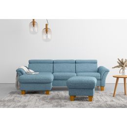 Ecksofa Home Affaire "Lindgren L-Form", blau (eisblau), B:258cm H:84cm T:169cm, 100% Polyester, Sofas, Ecksofa, wahlweise mit Bett mit klappbaren Rollen, Kasten und Kopfverstellung