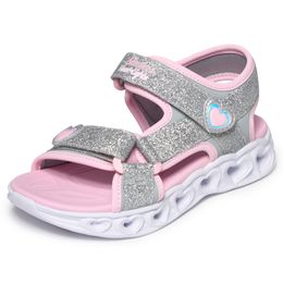 Sandale Skechers "HEART LIGHTS SANDALS", M&auml;dchen, Gr. 28, silberfarben, rosa, Lederimitat, Glitzer, Schuhe Sandale, Sommerschuh mit Klettverschluss, Gr&ouml;&szlig;enschablone zum Download