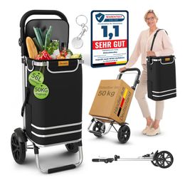 ELONEO Einkaufstrolley klappbar, Einkaufswagen mit K&uuml;hlfach, 3in1 Trolley, Shopping Trolley 56L & Umh&auml;ngetasche - Schwarz