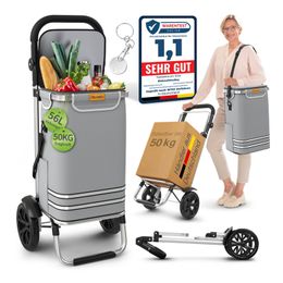 ELONEO Einkaufstrolley klappbar, Einkaufswagen mit K&uuml;hlfach, 3in1 Trolley, Shopping Trolley 56L & Umh&auml;ngetasche - Grau