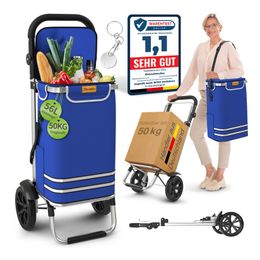 ELONEO Einkaufstrolley klappbar, Einkaufswagen mit K&uuml;hlfach, 3in1 Trolley, Shopping Trolley 56L & Umh&auml;ngetasche - Blau