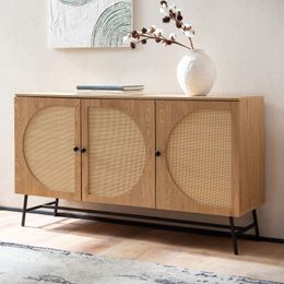 FineBuy Sideboard 140cm MDF Eiche Dekor mit 3 T&uuml;ren in Ratten Wiener Geflecht Design Kommode mit Metall Schwarz