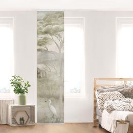 Bilderwelten Schiebegardine Pastellgr&uuml;ne Landschaft mit Kranich