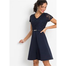 bonprix Damen Minikleid, blau, festlich, Gr. 52, Obermaterial: 95% Polyester, 5% Elasthan. Futter: 100% Polyester. Spitze: 70% Baumwolle, 30%