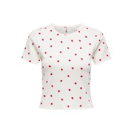 Kurzarmshirt Only "ONLFENJA LIFE SS AOP TOP JRS NOOS", Damen, Gr. S, cloud dancer aop:strawberry love, Jersey, Obermaterial: 95% Baumwolle, 5% Elasthan, bedruckt, regular fit normal, Rundhals, Shirts, Baumwollmischung, Cropped Fit, Rundhals