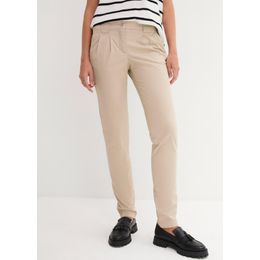 bonprix Damen Chinohose, beige, Gr. 34, unifarben, washed, Twill, Obermaterial: 98% Baumwolle, 2% Elasthan, Hosen, schmale Form, mit Bundfalten und